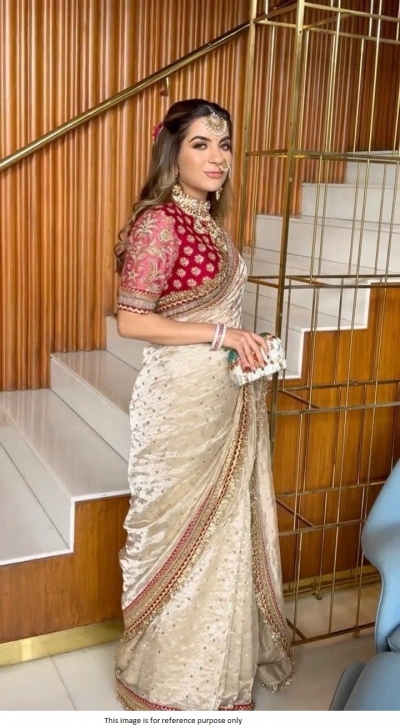 Buy Bollywood Sabyasachi inspired beige and red silk based wedding saree in UK, USA and Canada