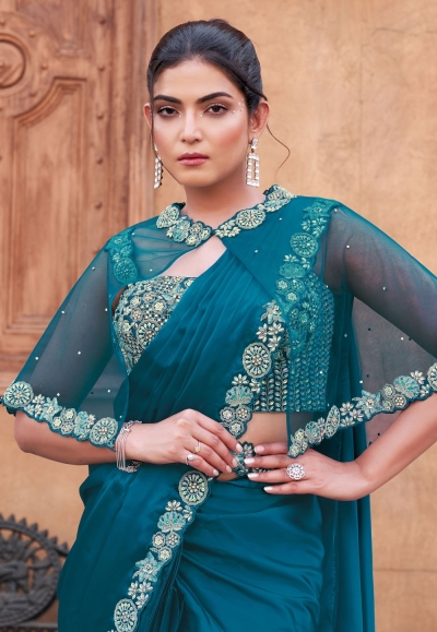 Teal crepe designer saree 25311