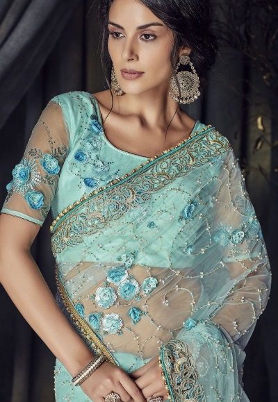 Buy Sky Blue Color Net Designer Party Wear Saree In UK USA And Canada