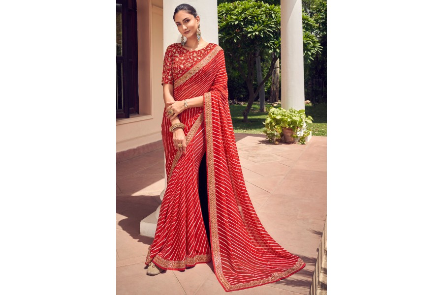 Red georgette designer lehariya saree with blouse 1029a