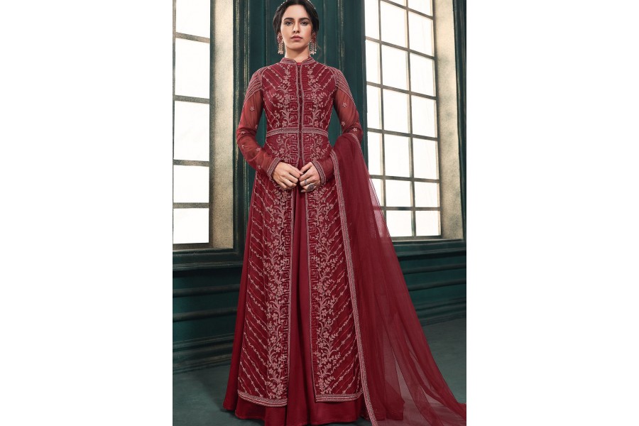 maroon net embroidered long jacket style anarkali suit 3106