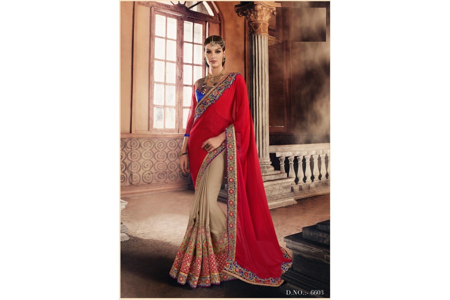 Party-wear-Chikoo-Red-color-saree