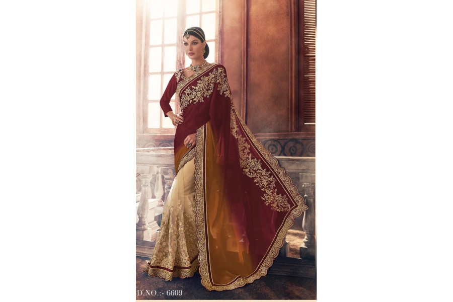 Party-wear-Wine-Chikoo-color-saree