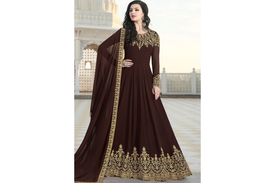 brown georgette floor length embroidered anarkali suit 20040