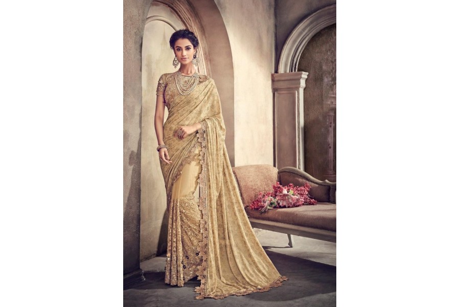 Buy Chiku color net and lycra designer party wear saree in UK, USA and ...