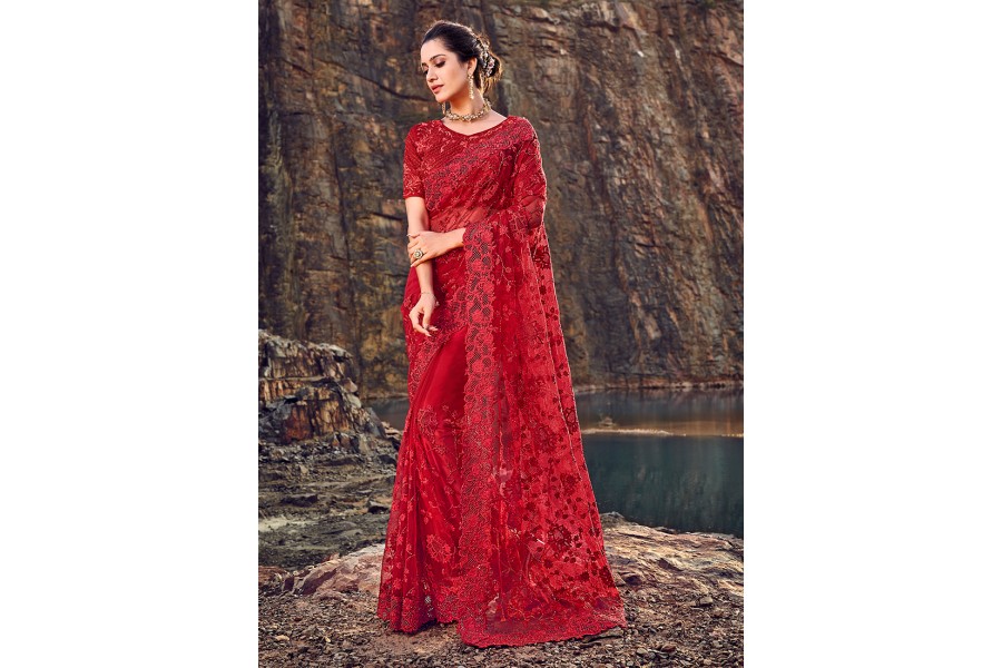 Buy Red net diamond work wedding wear saree in UK, USA and Canada