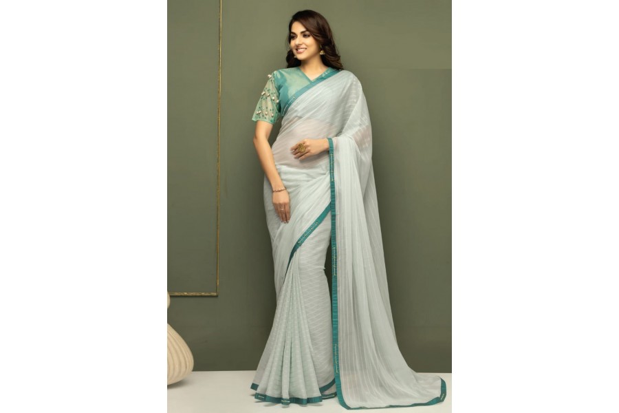 Light green chiffon designer saree with blouse SV217