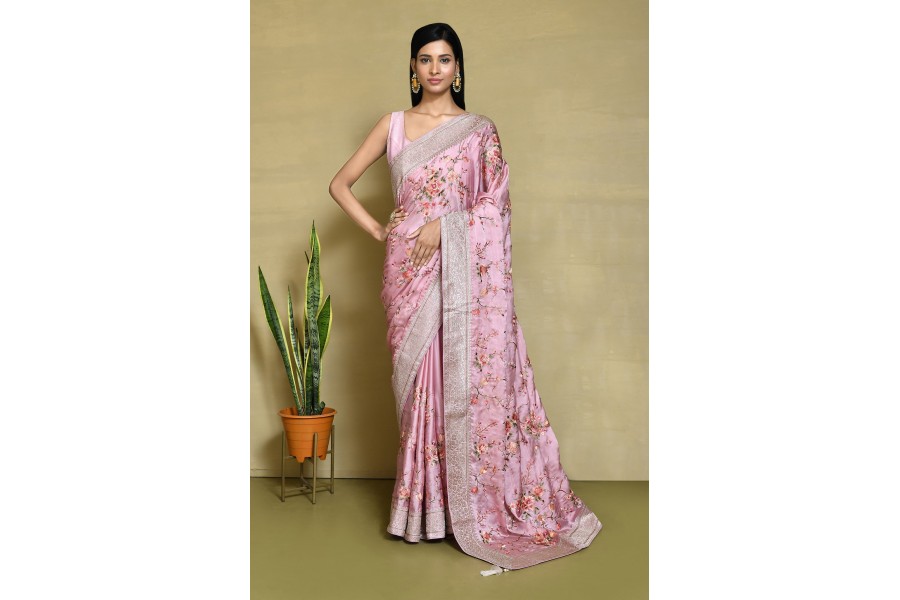 Rose satin silk embroidered saree with blouse N7476A