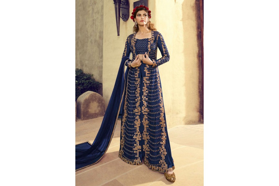 Navy blue silk embroidered designer suit with jacket 5503B