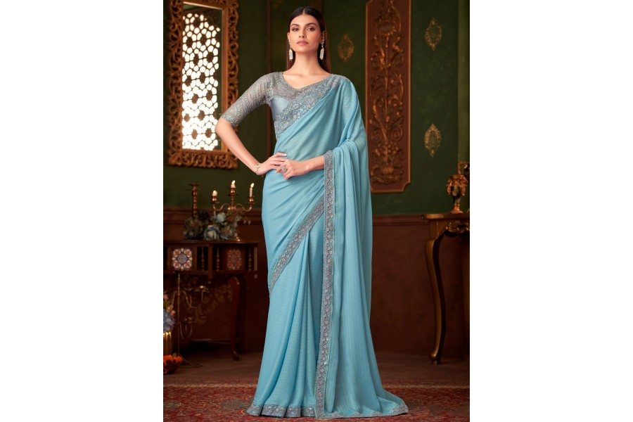 Powder blue satin rainbow zari embroidered wedding saree with blouse 1415