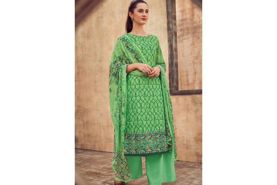 green cotton satin embroidered daman work and digital printed palazzo ...