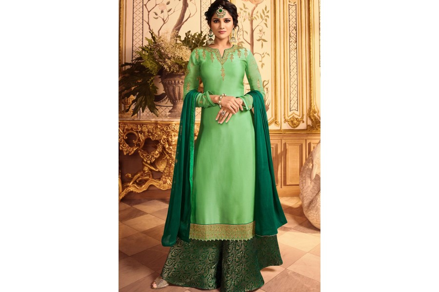 green embroidered satin georgette sharara style pakistani suit 15603