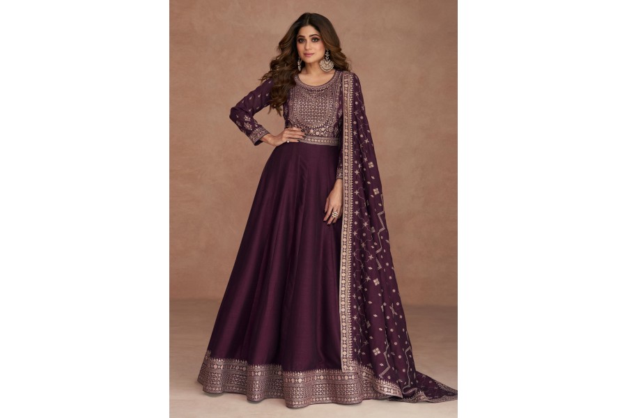 Shamita shetty Silk long Anarkali suit in wine colour 9520