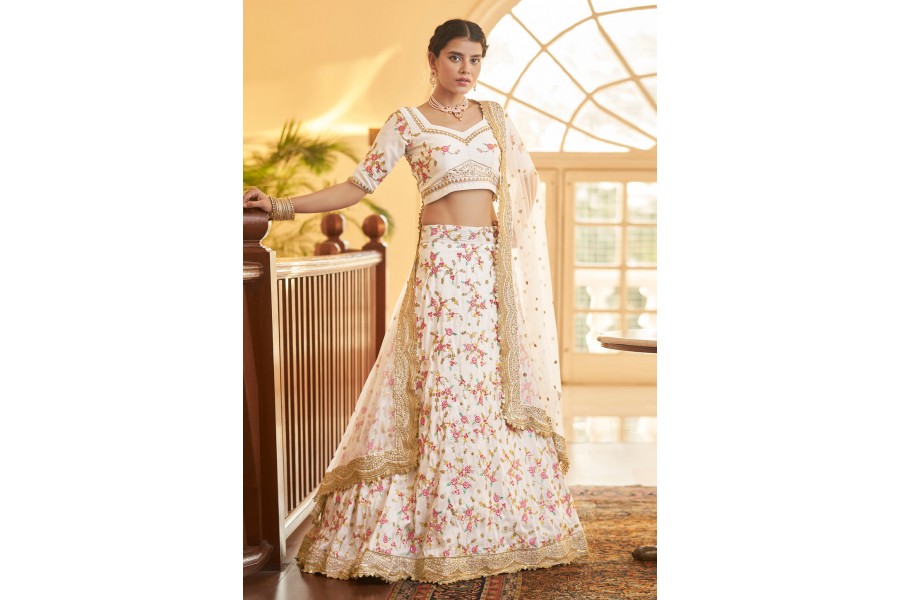 Chinon silk a line lehenga choli in White colour 803