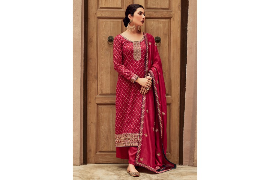 Magenta silk pant style suit 9446