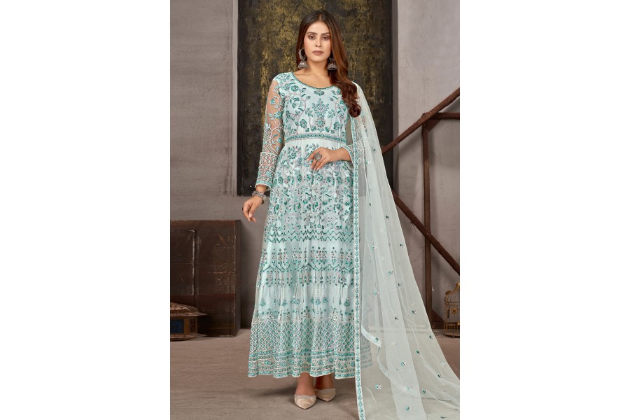 Sky blue net long anarkali suit 1006