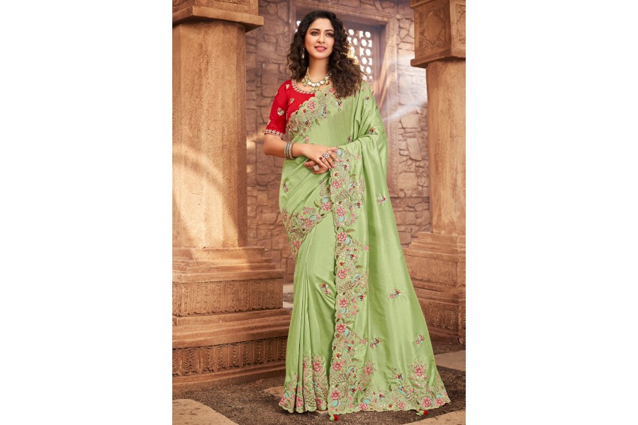Light green net saree with blouse 1602