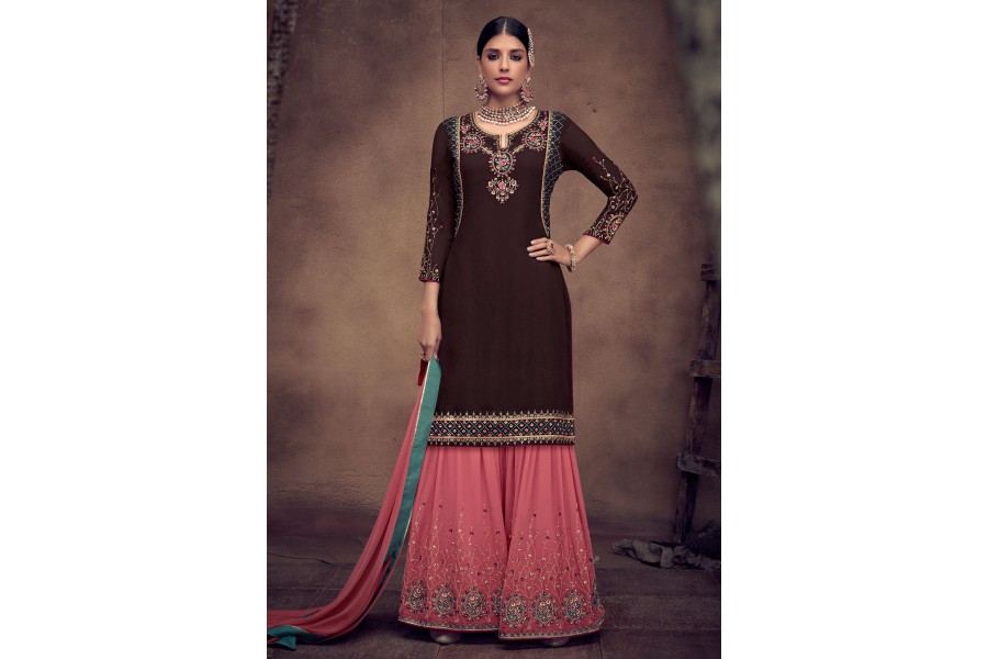 Brown georgette embroidered sharara suit 8014