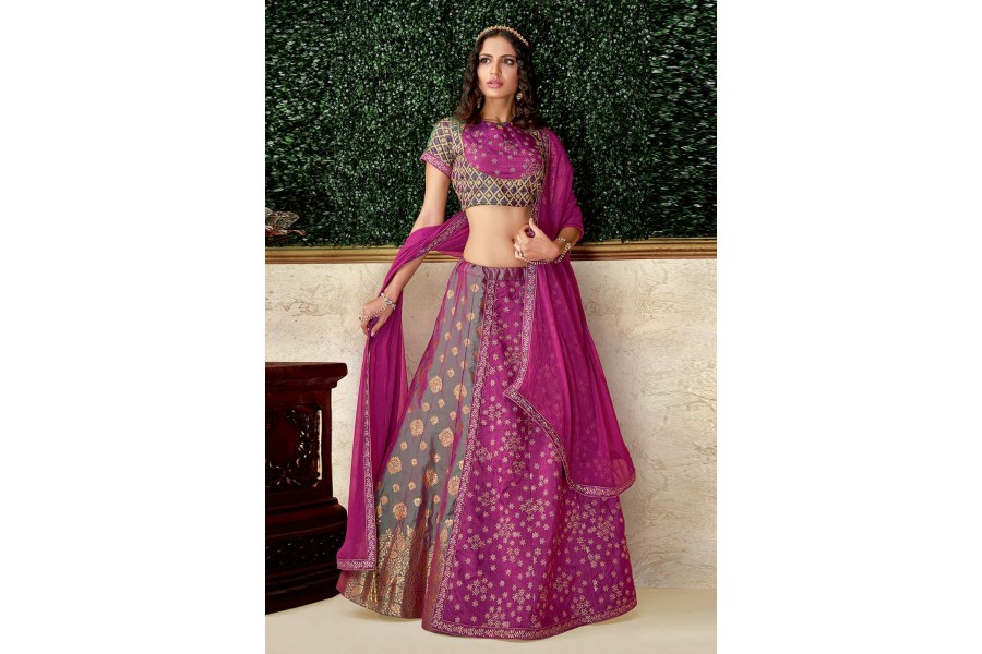 Magenta brocade embroidered layered designer lehenga choli 16211