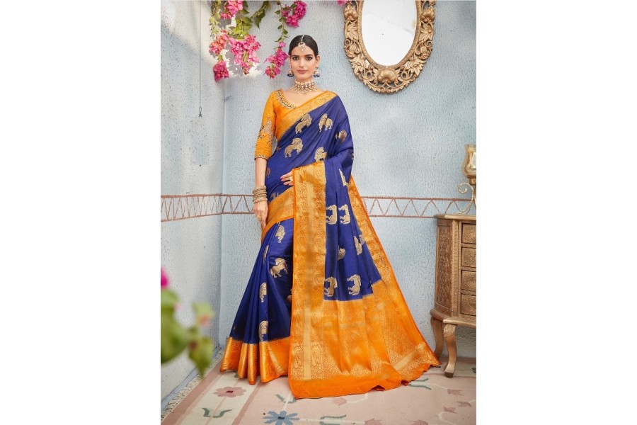 Buy Blue and yellow banarasi silk wedding saree in UK, USA and Canada