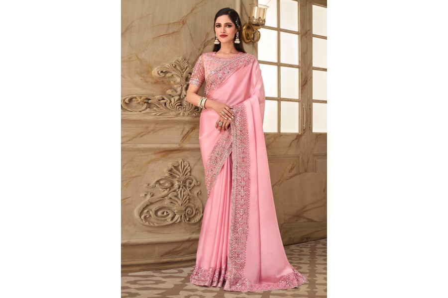 Pink silk saree with blouse 6307