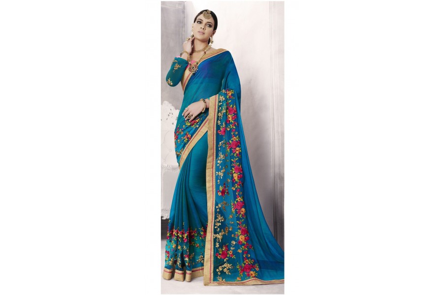 Party-wear-cyan-blue-color-saree