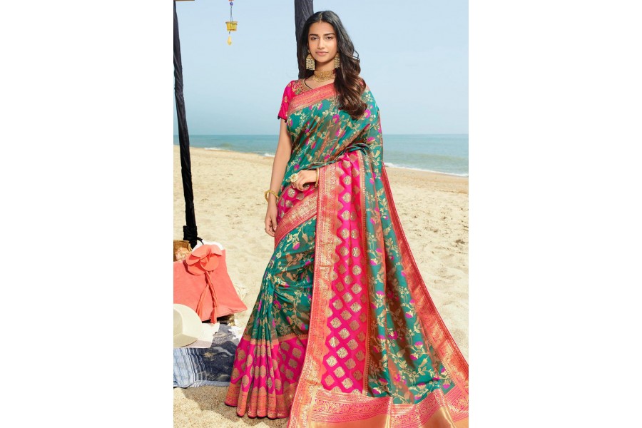 Sea green silk saree with blouse 90953