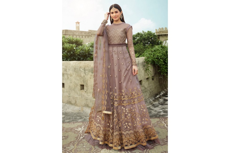 Light purple net embroidered long anarkali suit 15053