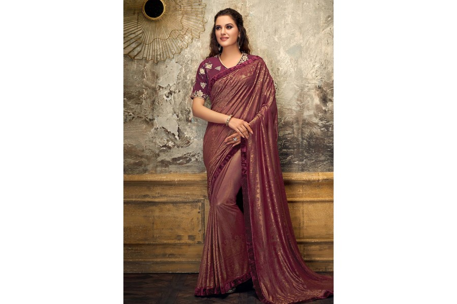 Rust lycra saree with blouse 11207