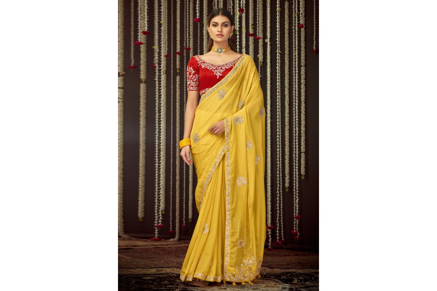 Yellow organza embroidered saree with blouse 19001
