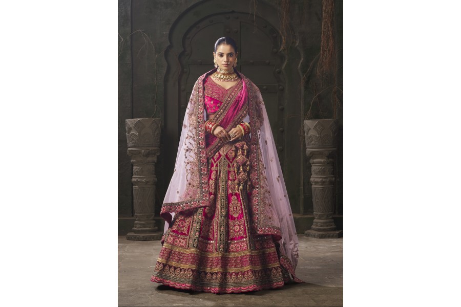 Rani Pink and Rama Premium velvet bridal lehenga choli 13002