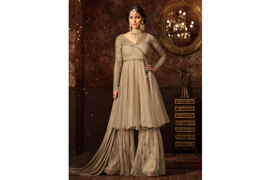 Buy Beige color net wedding wear Sharara Style suit in UK, USA and Canada
