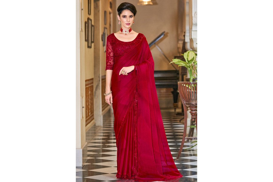 Glam Silk Saree with blouse in red color