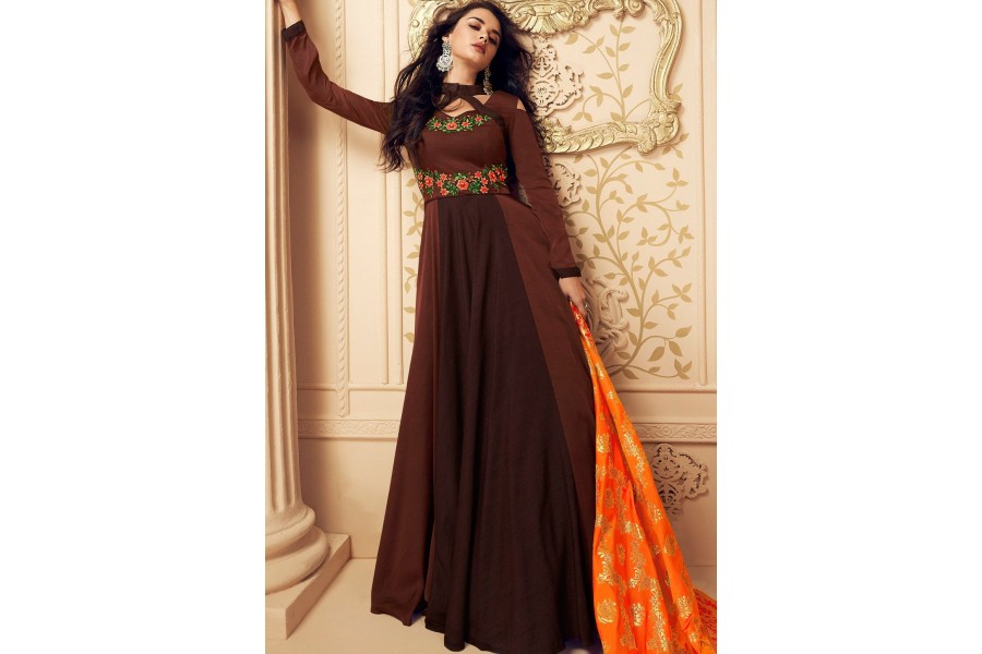 brown satin long embroidered gown style suit 5017