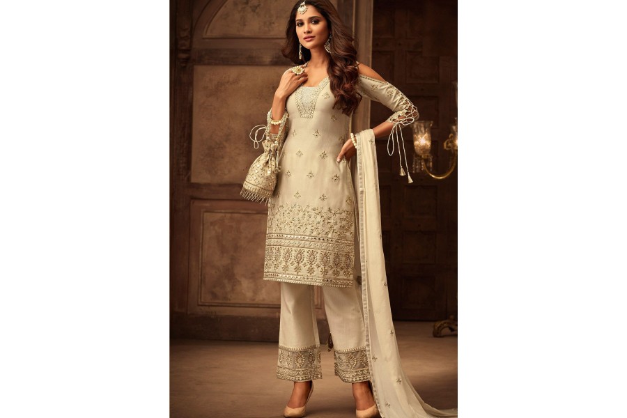 off white georgette satin embroidered trouser style suit 29003
