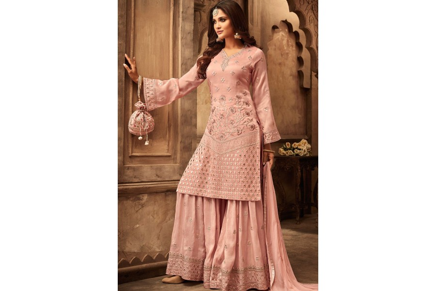 peach georgette satin heavy embroidered sharara style pakistani suit 29001 peach georgette satin heavy embroidered sharara style pakistani suit 29001