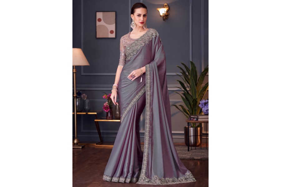 Lavender silk chiffon sequins embroidered wedding saree with blouse 30004
