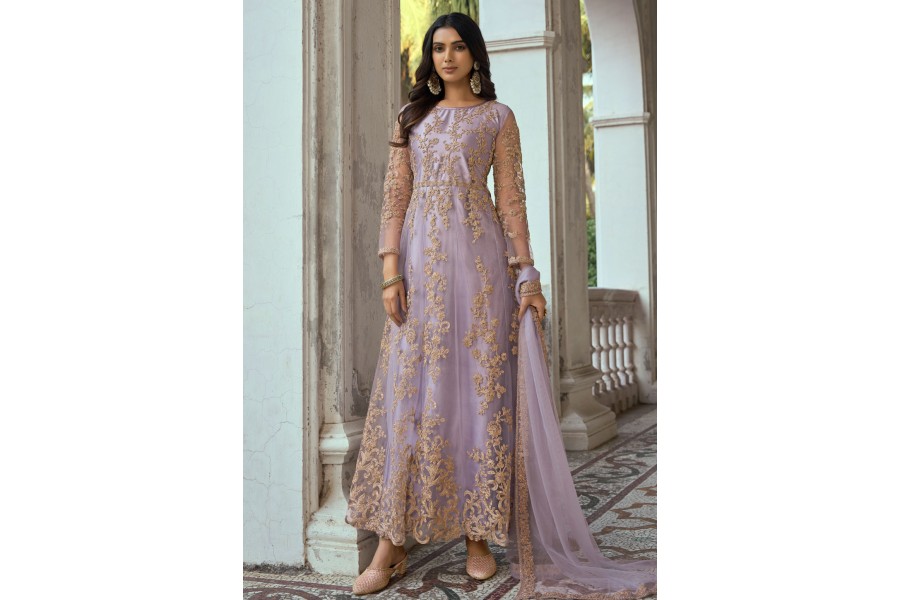 Light purple net embroidered anarkali suit 1003