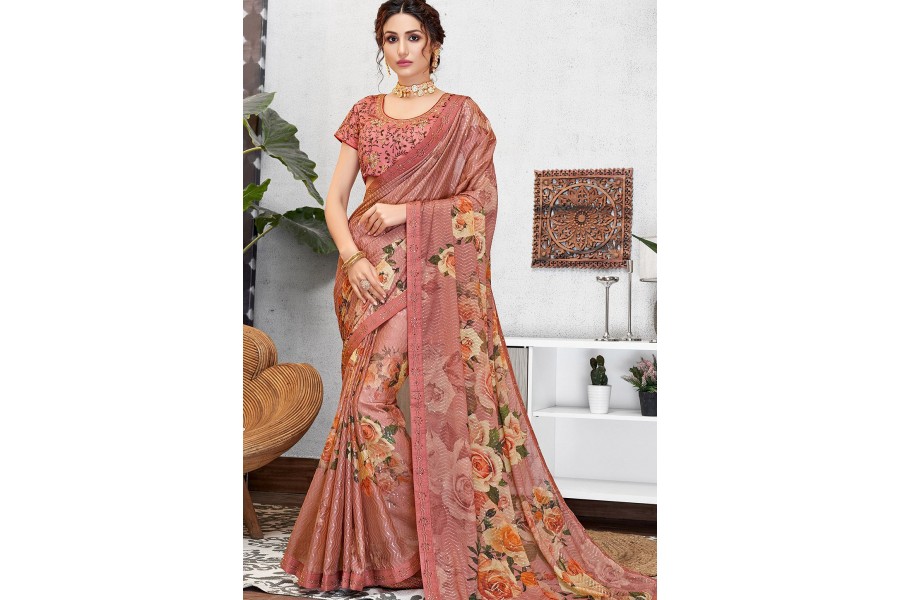 traditional pink silk georgette printed embroidered saree 11413