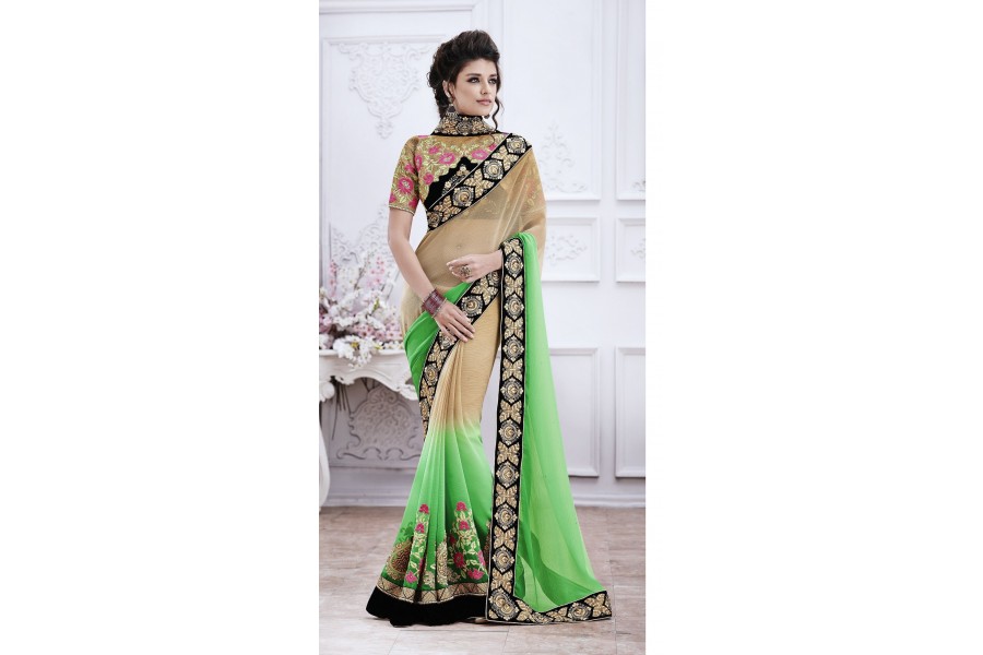 party-wear-Green-Chikoo-color-saree