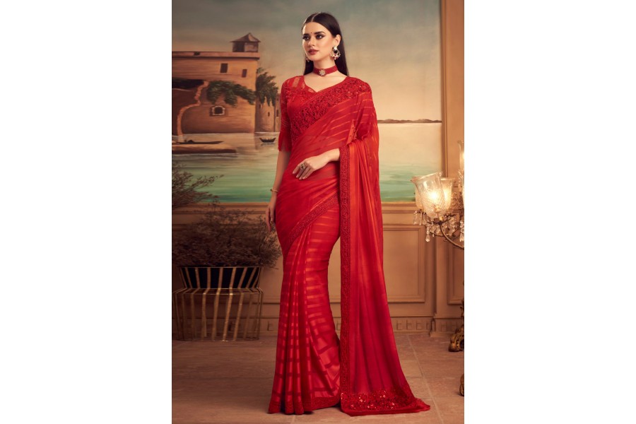 Red silk festival wear saree 25001