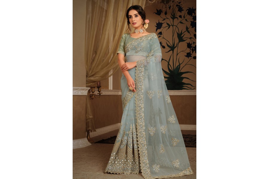 Sky blue net party wear saree 21311