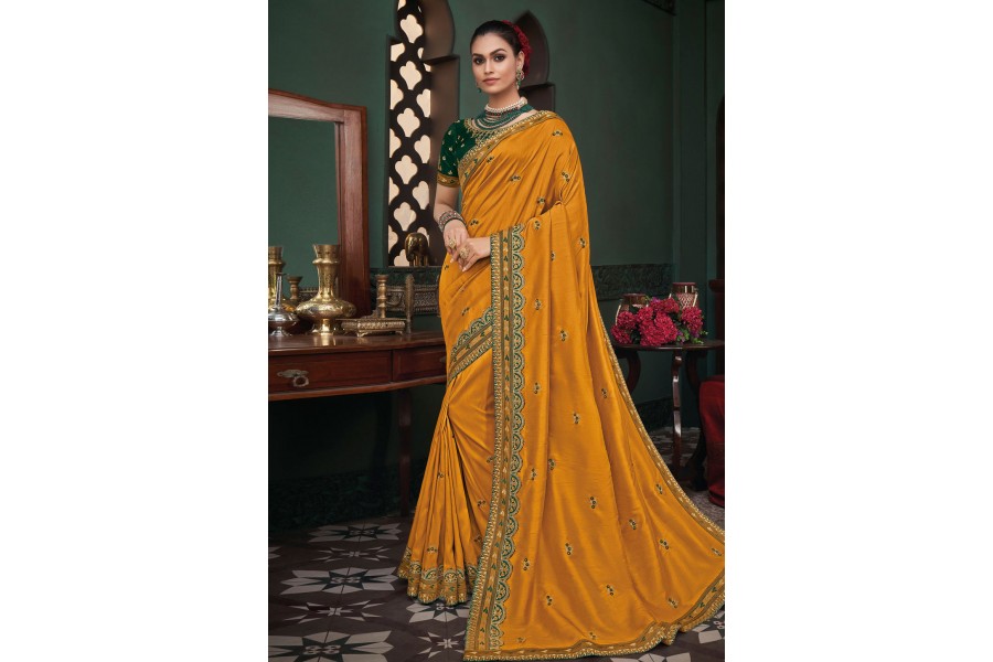 Yellow silk party wear saree 117929