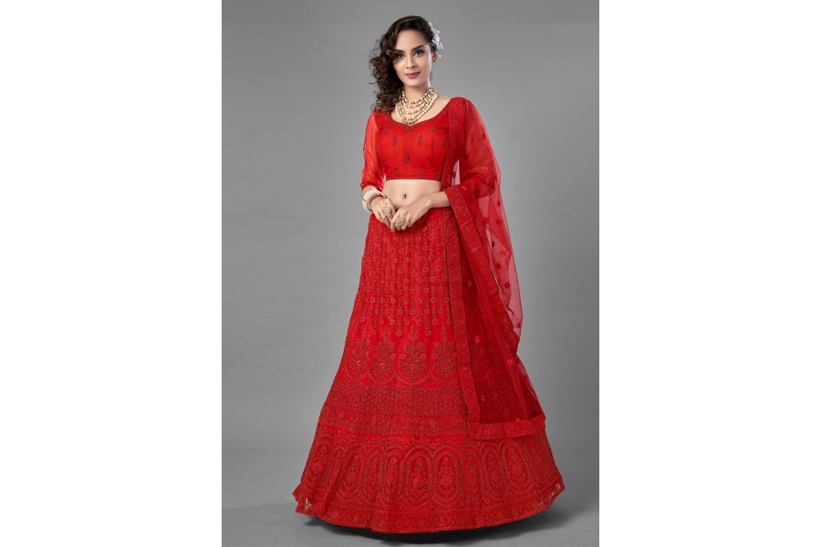 Red net bridal lehenga choli 6811