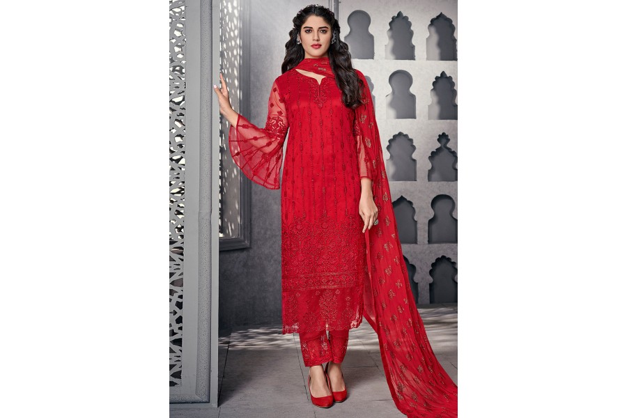 Red net embroidered frill sleeve pant style suit 1001