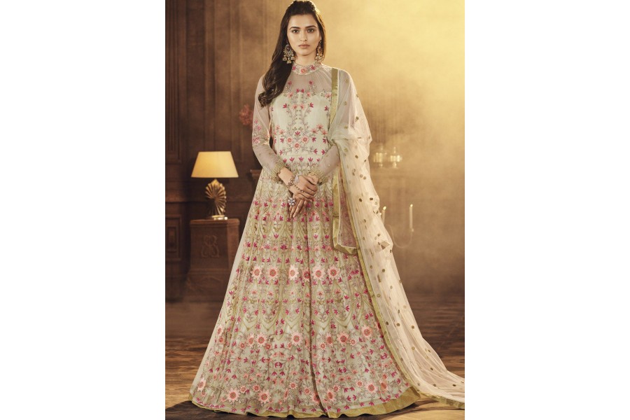 Buy Cream color net designer party wear anarkaliin UK, USA and Canada