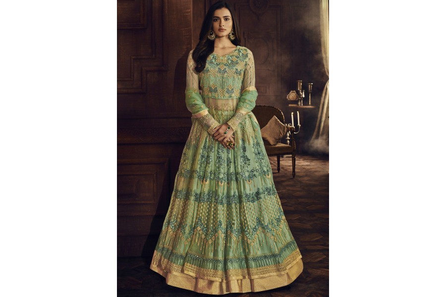 Buy Mint green net wedding wear lehenga kameez in UK, USA and Canada