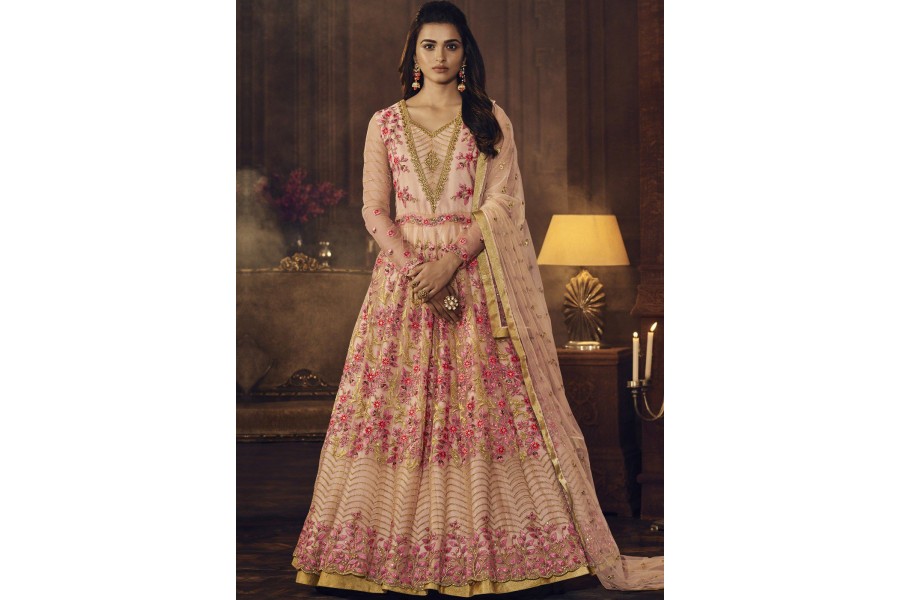 Buy Peach color net wedding wear anarkali suitin UK, USA and Canada