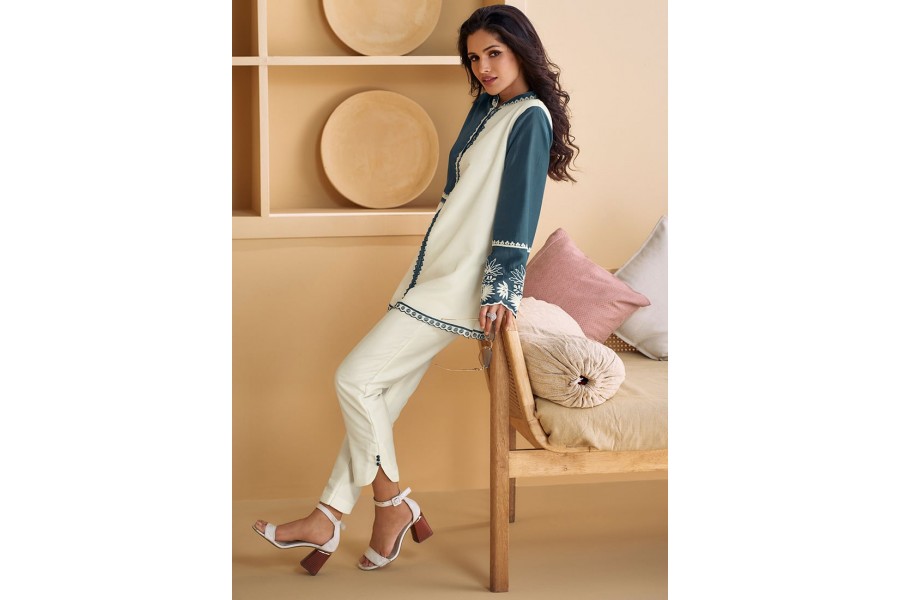 Indo western silk ready to wear coord set in white colour 5566