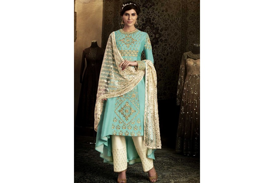 Firozi color trail back wedding salwar 11062